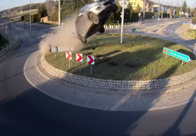 Watch Suzuki Swift Get Massive Air After Slamming Into Roundabout in Poland