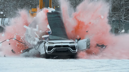 Russian YouTuber Demolishes Lamborghini Urus With Giant Energy Drink Crane Drop